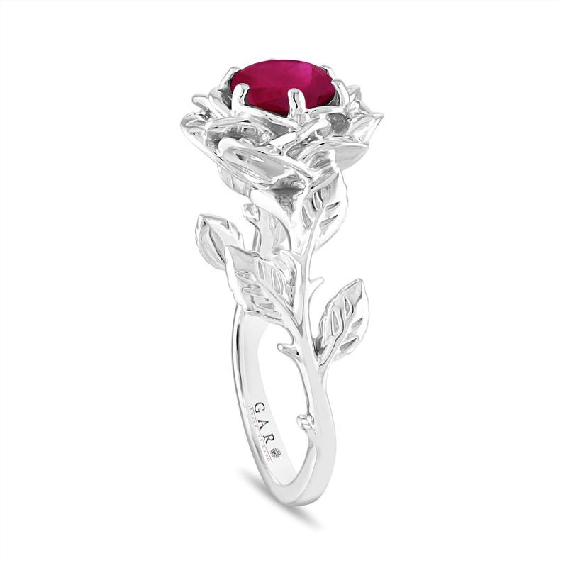 Ruby Floral Engagement Ring, Rose Flower Anniversary Ring, Unique 0.60 ...