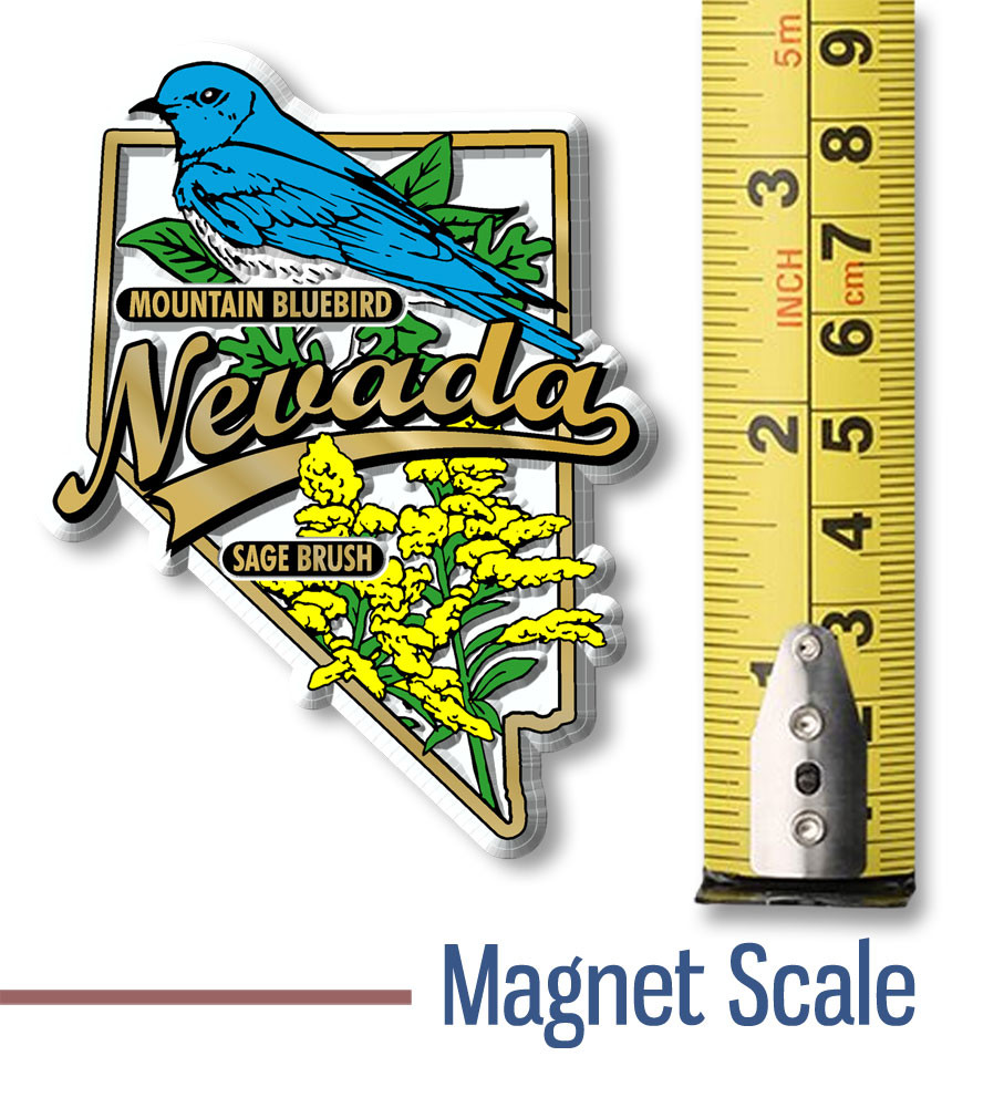 Nevada State Bird & Flower Map Magnet design features a Mountain Bluebird