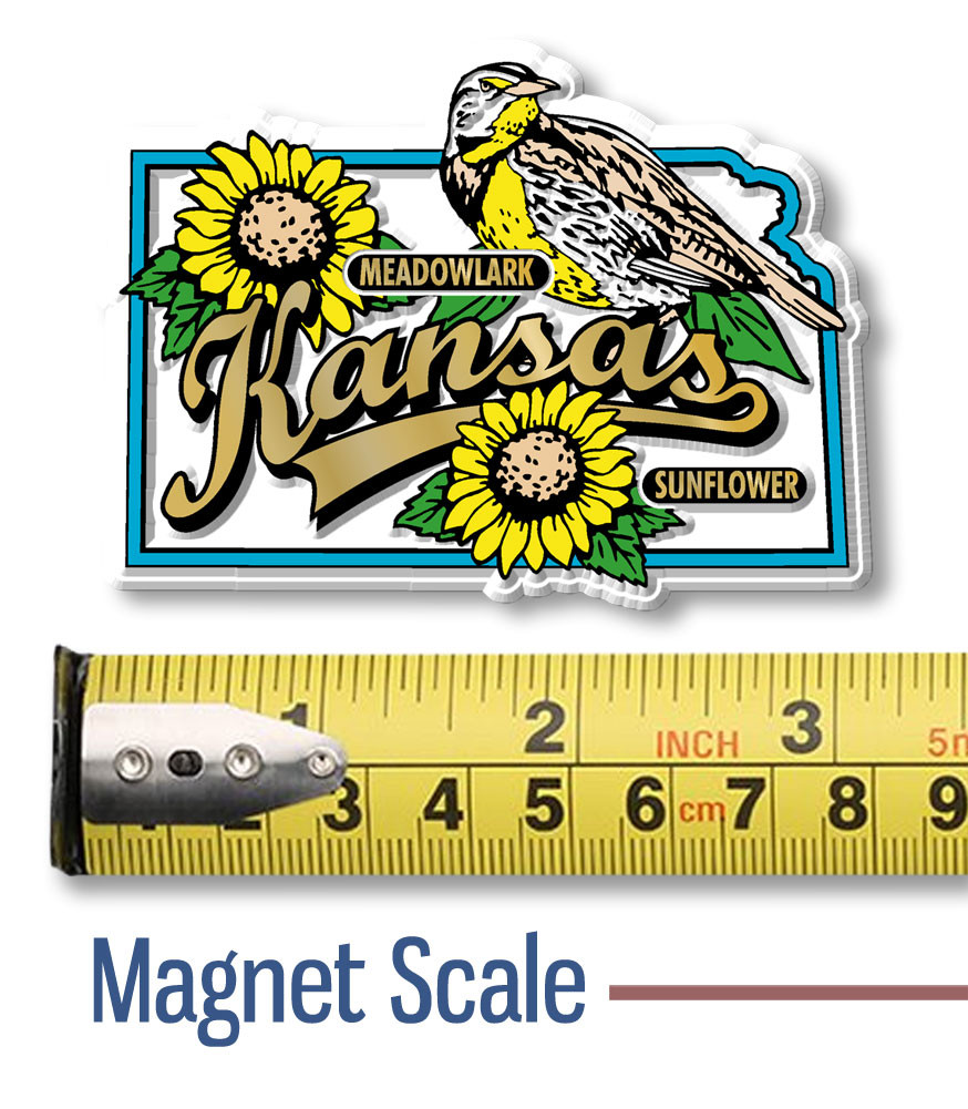 Kansas State Bird & Flower Map Magnet design features a Meadowlark