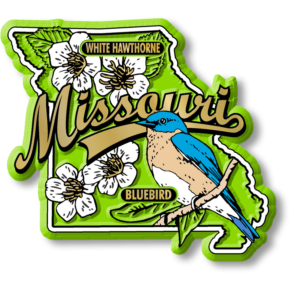 Missouri State Bird & Flower Map Magnet design features an Eastern Bluebird