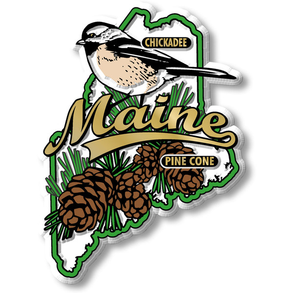 Maine State Bird & Flower Map Magnet design features a Chickadee
