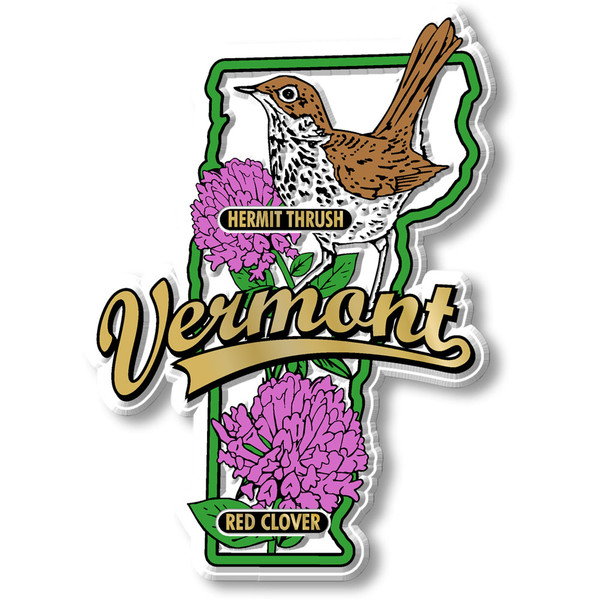 Vermont State Bird & Flower Map Magnet design features a Hermit Thrush