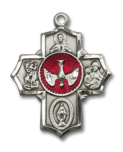 Red Inlay 5-Way Medal - Sterling Silver 7/8" x 3/4" Pendant (2090ESS)