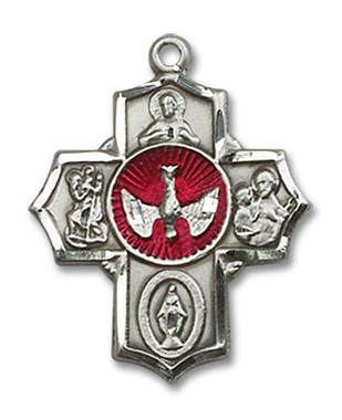 Red Inlay 5-Way Medal - Sterling Silver 7/8" x 3/4" Pendant (2090ESS)