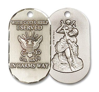 St. Christopher Navy Dog Tag Pendant - Sterling Silver 3/4" x 3/8" (M26SS6)