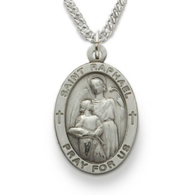 Large St. Raphael Necklace - Sterling Silver Oval Medal On 24 ...