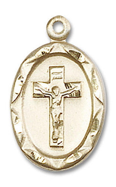 Crucifix Medal - 14kt Gold 3/4" x 3/8" Oval Pendant (0612CF)