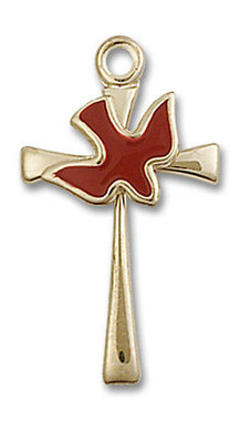 Red Inlay Holy Spirit Cross Pendant - 14kt Gold 7/8" x 1/2" (5229R)