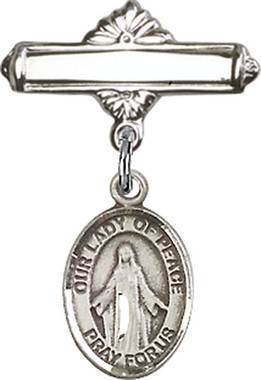Personalized Baby Badge - Engraved Badge Pin with Our Lady of Peace Charm