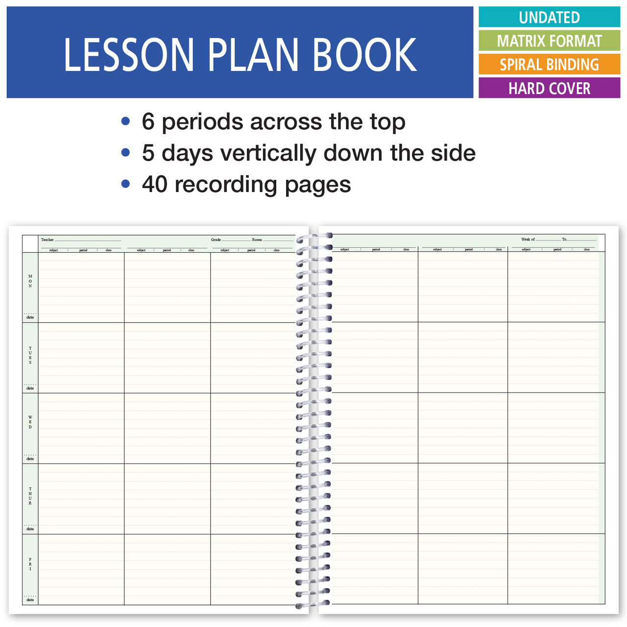 Hardcover Teacher Lesson Plan 6 Period: Days Vertically Down The Side ...