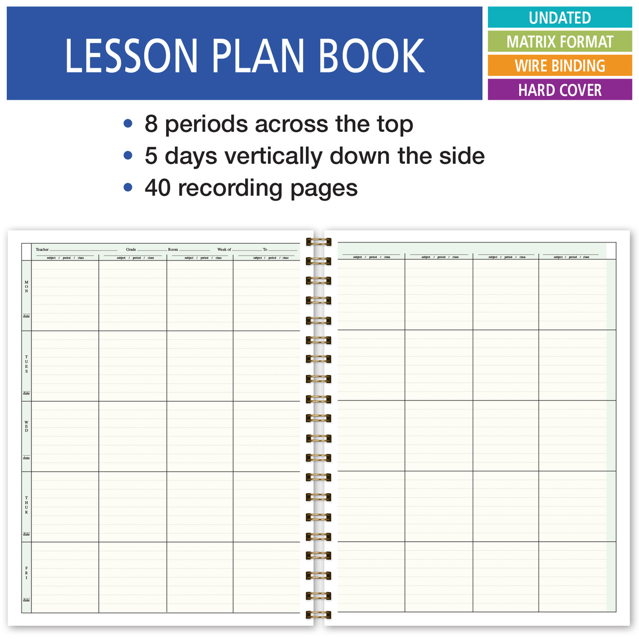 Hardcover Teacher Lesson Plan 8 Period: Days Vertically Down The Side ...