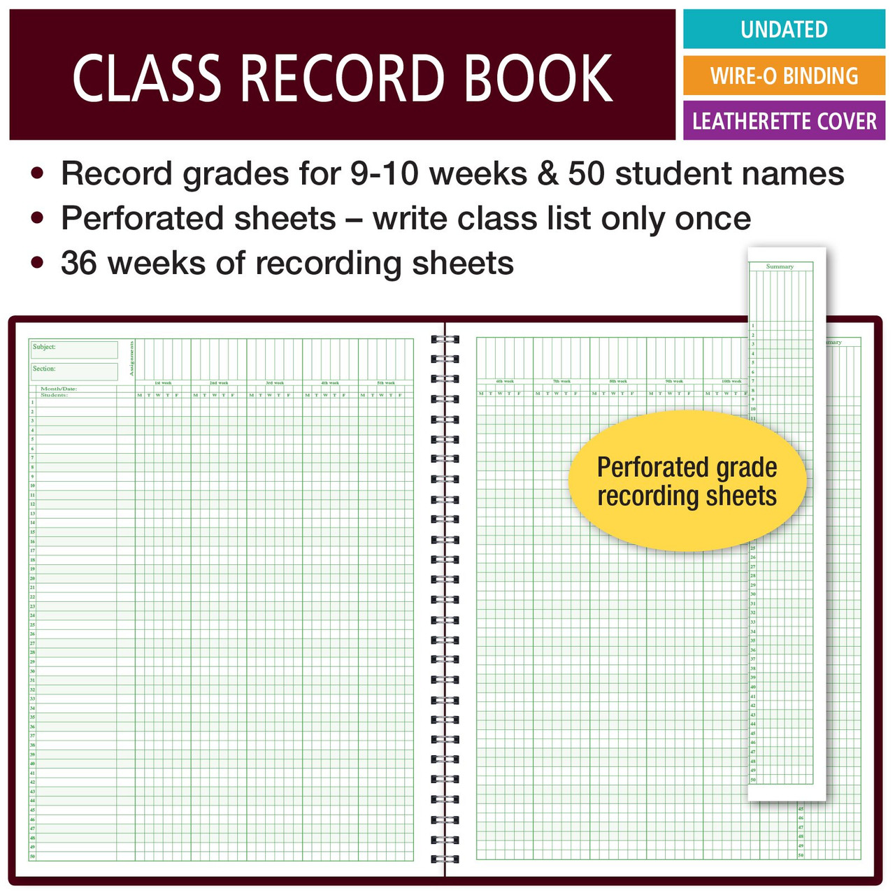 Class Record Book for 9-10 Weeks. 50 Names. (R1010) - Excello Global Brands
