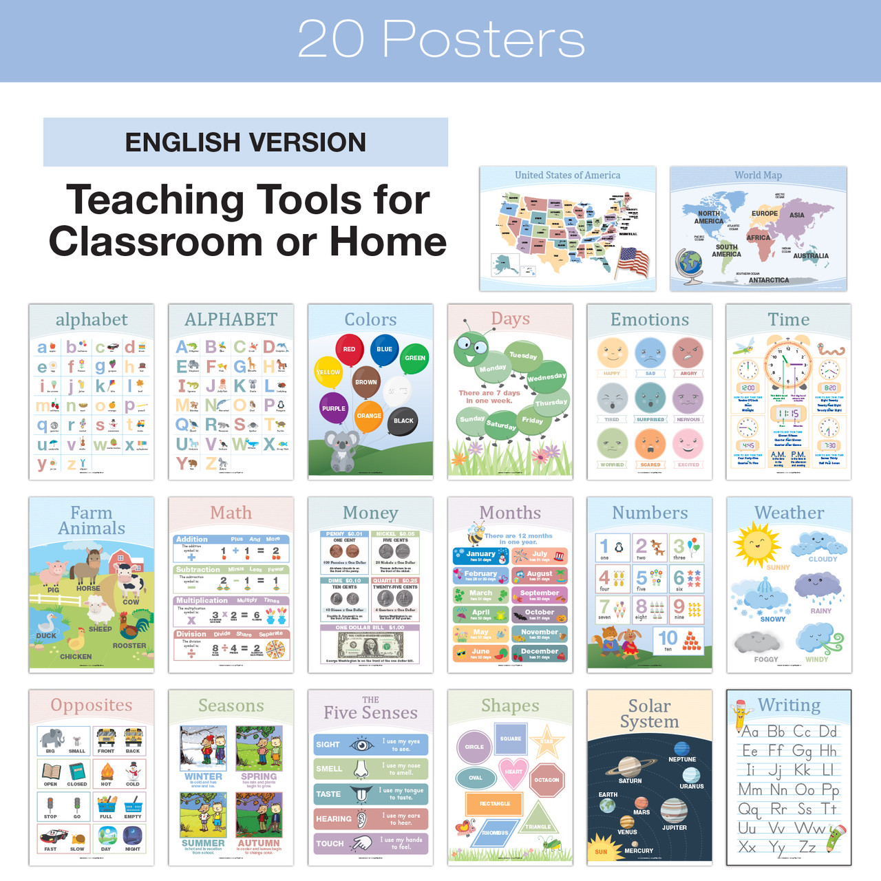 20 Educational Posters For Kids Toddlers Double Sided English and ...