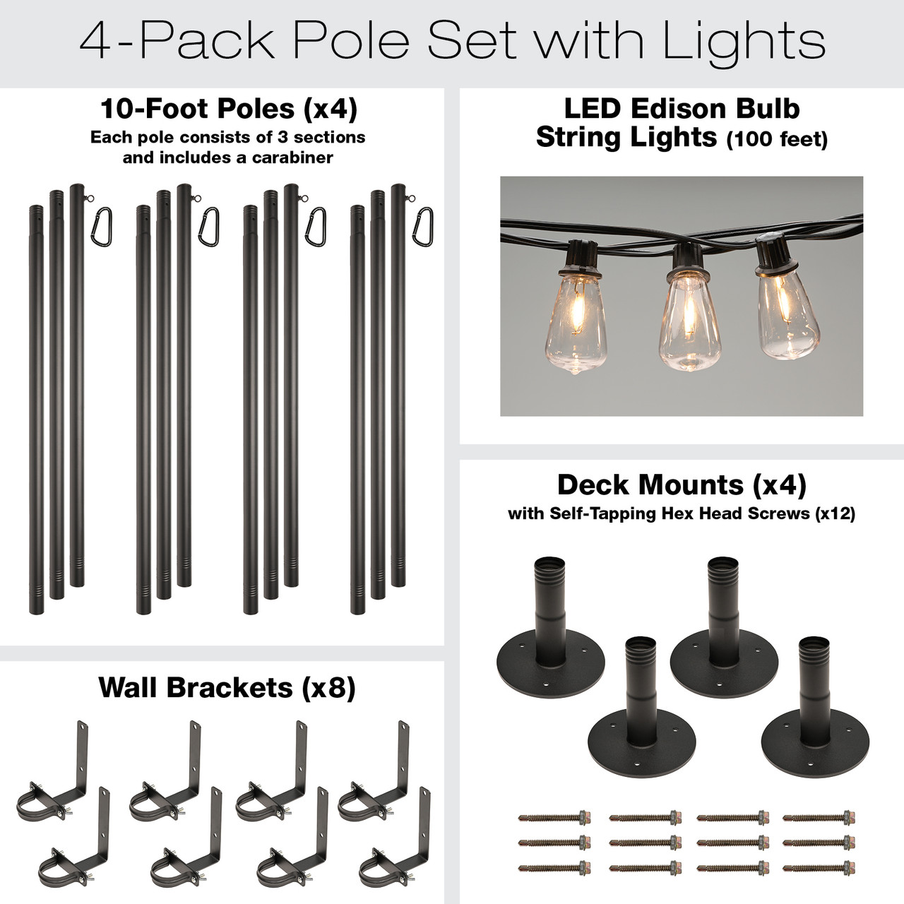 Premium String Light Pole 4 Pack with 100' of LED Edison Bulb String ...