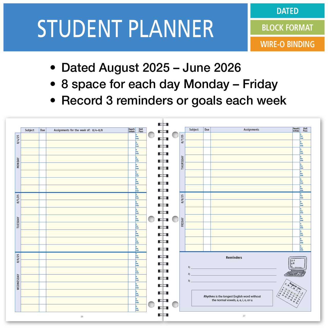 Student Planner for Middle/High School, 8.5"x11", AY 2025-2026 (Blue ...