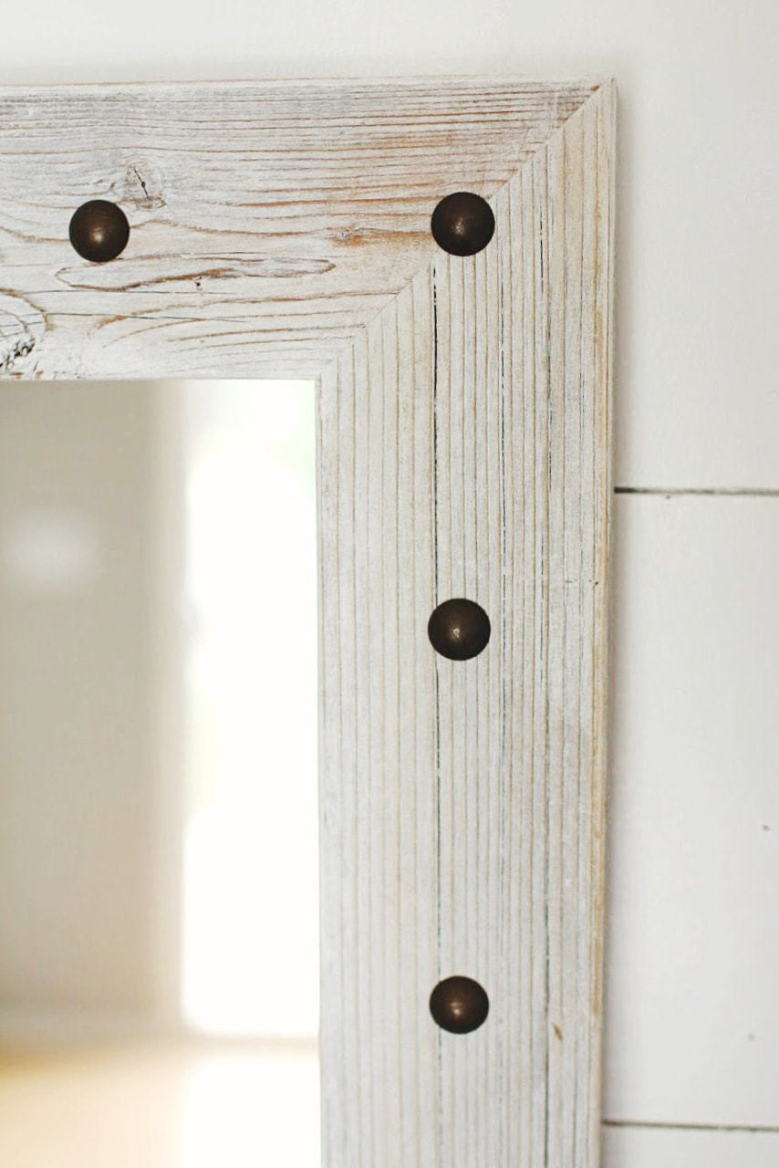 Reclaimed Wood Whitewash Mirror | Rustic Tack Accents | Custom Sizing