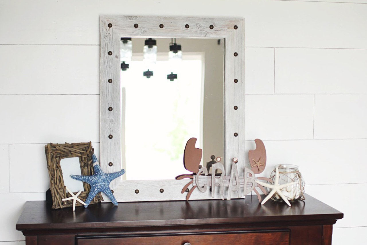 Reclaimed Wood Whitewash Mirror | Rustic Tack Accents | Custom Sizing