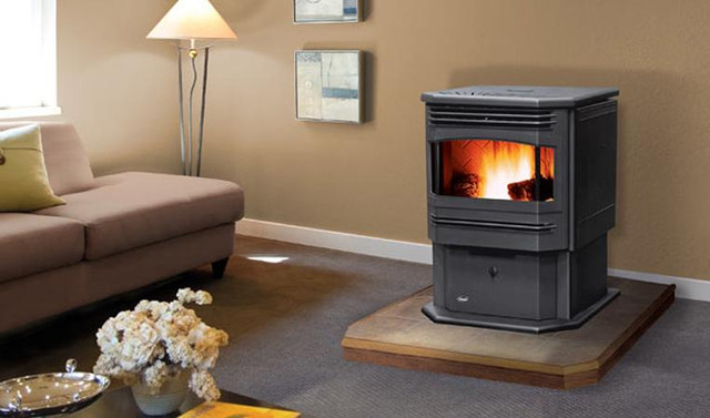 Meridian Steel Pellet Freestanding Stove with a Pedestal & Hearth Base ...