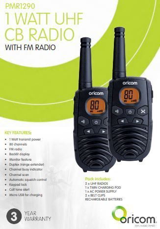 Oricom PMR1290 Sophisticated 2-Way Handheld UHF CB Radio