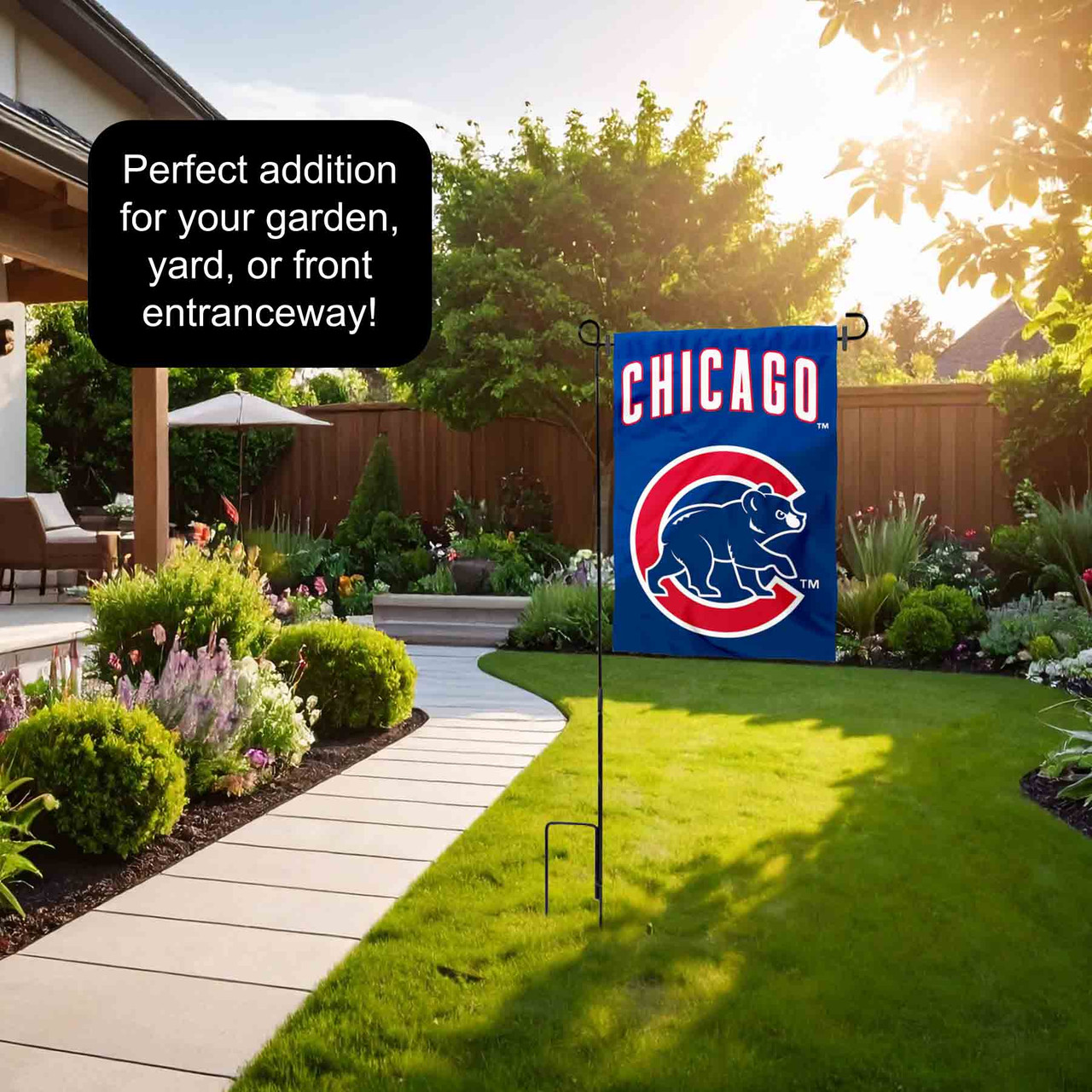Chicago Cubs Walking Bear Logo Garden Flag And Stand State Street Products