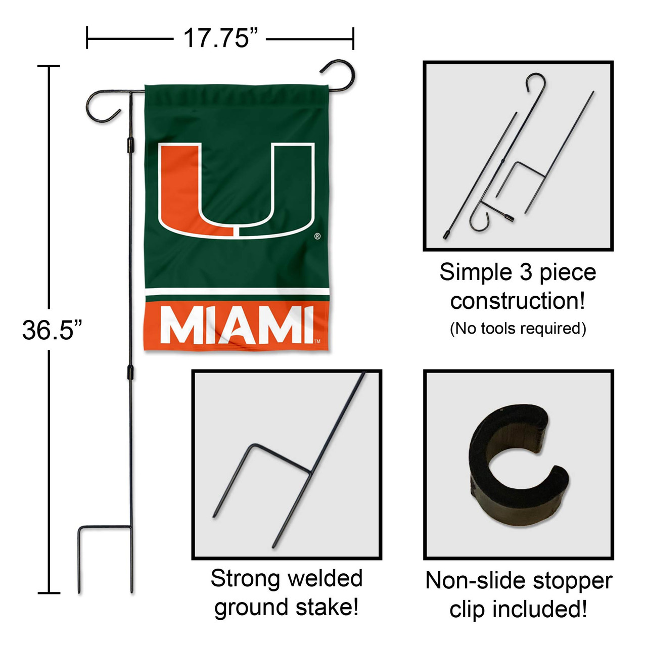 Miami Canes Logo Garden Flag and Pole Stand - State Street Products