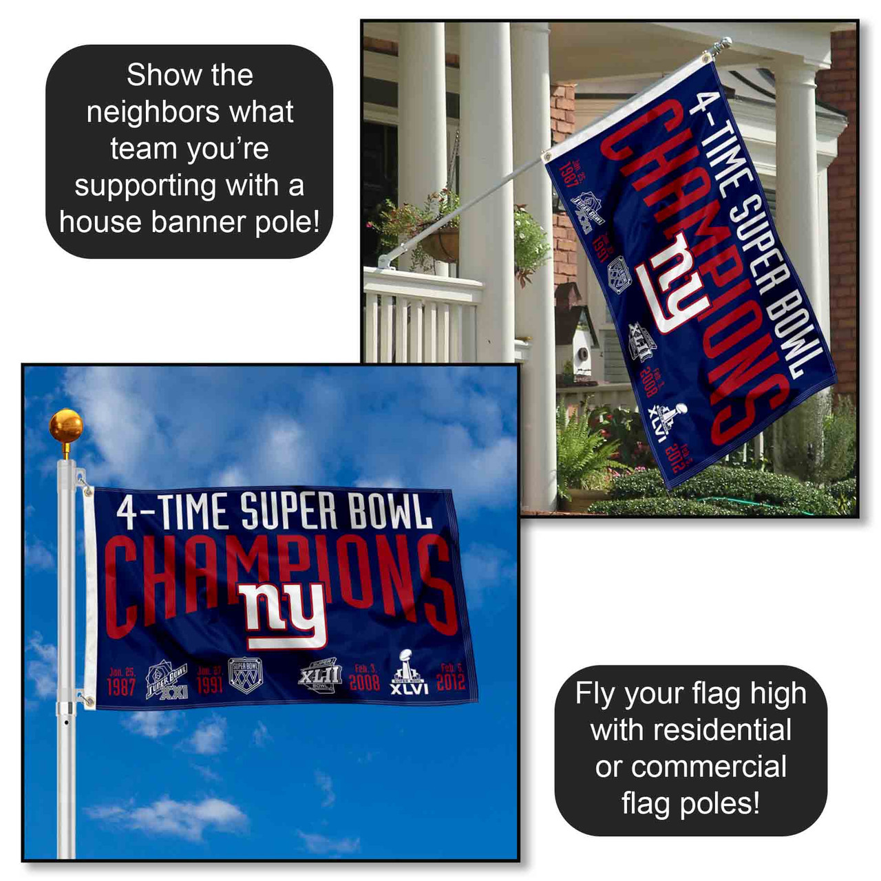 New York Giants 4 Time Super Bowl Champions 3x5 Banner Flag - State ...