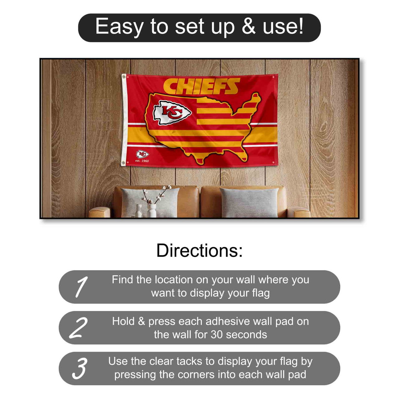 Kansas City Chiefs Nation Banner Flag with Tack Wall Pads - State ...