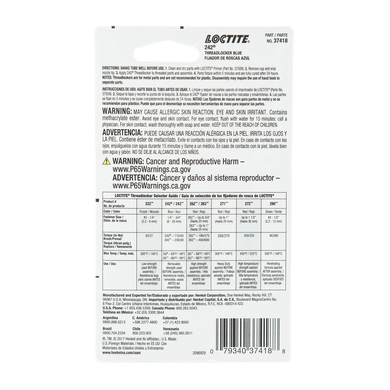 Loctite Threadlocker Blue 242 Medium Strength (LOC487229) - 6 mL Tube