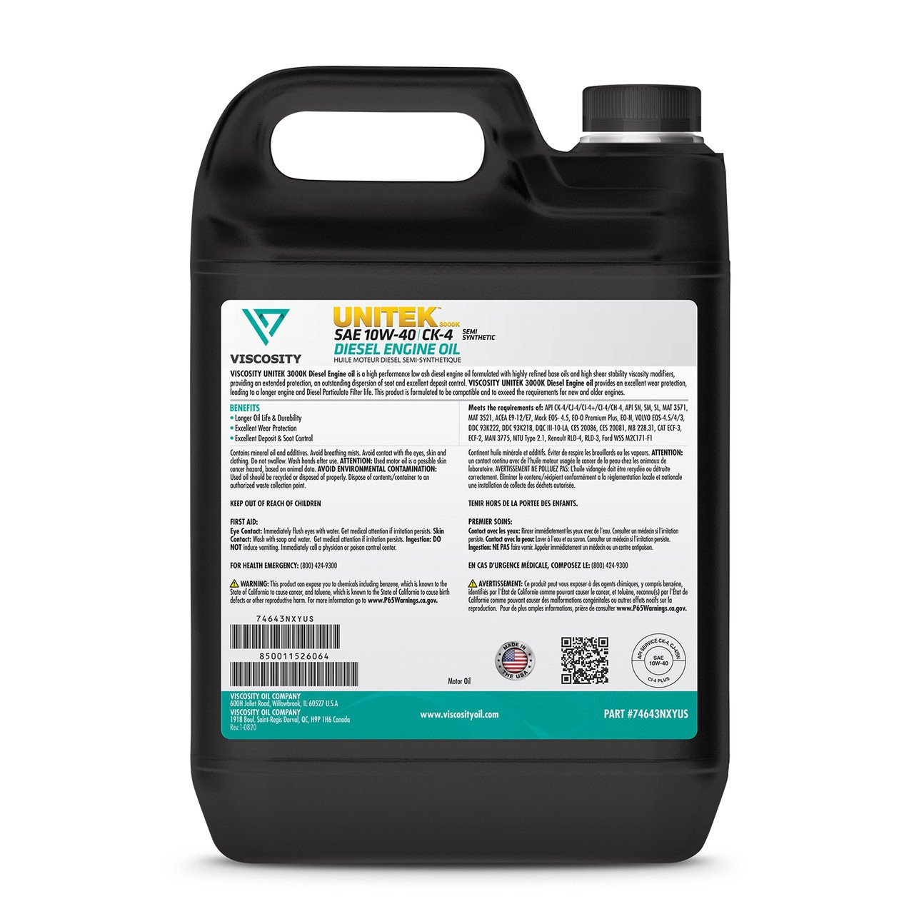 VISCOSITY UNITEK 3000K Diesel Engine Oil SS 10W-40 CK-4 - 2.5 Gal