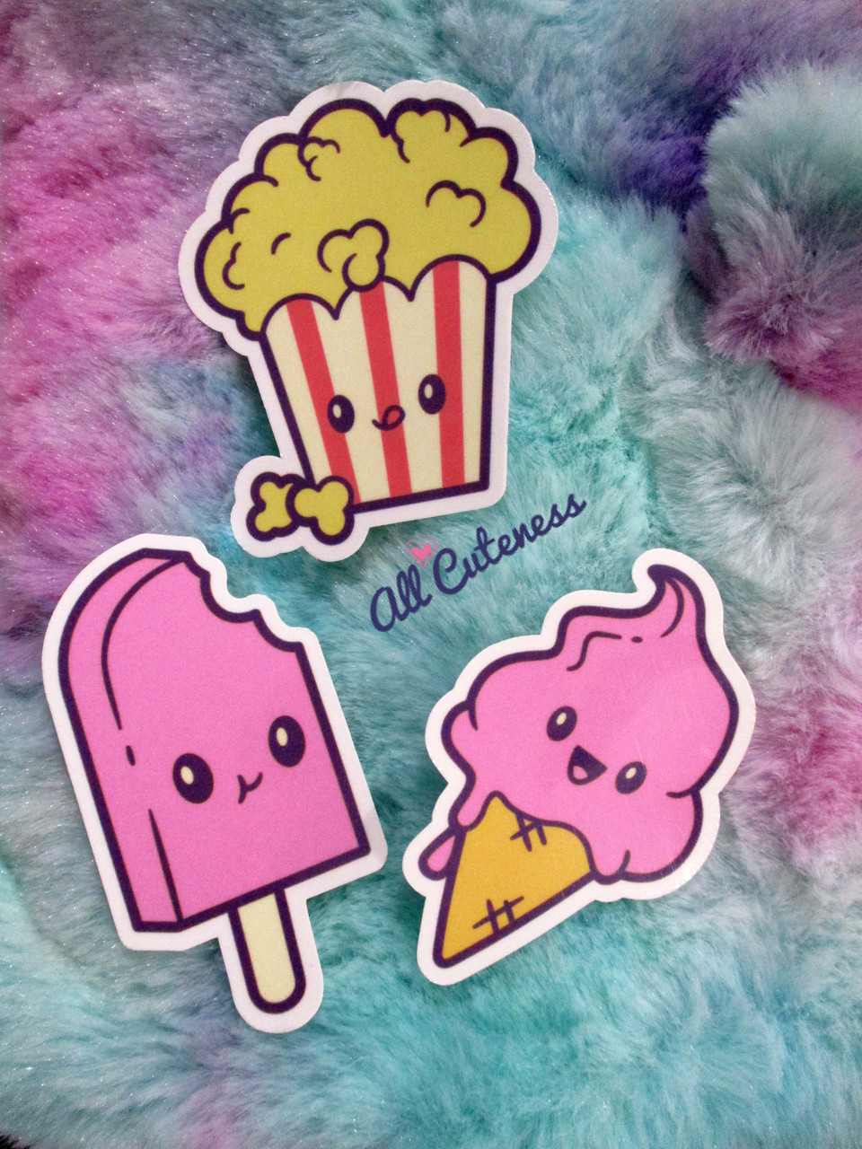 Cute Food Sticker Set. Popcorn Sticker, Ice Pop Sticker, Ice Cream Sticker.