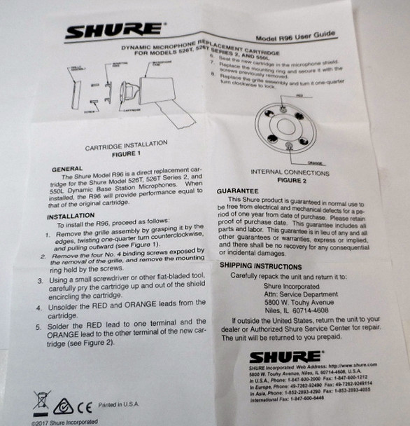 Shure 526T & 550L NEW R96 Dynamic Microphone Element Cartridge