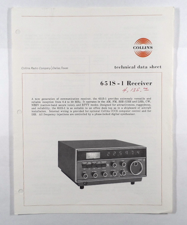 Collins 651S-1 HF Communication Receiver 4 Page Promotional Brochure ...
