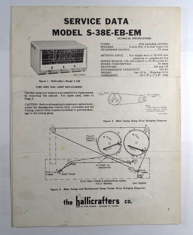 Hallicrafters S-38E EB EM Receiver Original, Service Data Manual Sheets