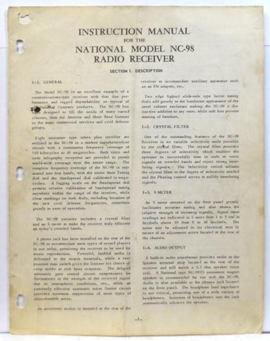 National NC-98 Communications Receiver Original Instruction & Service ...