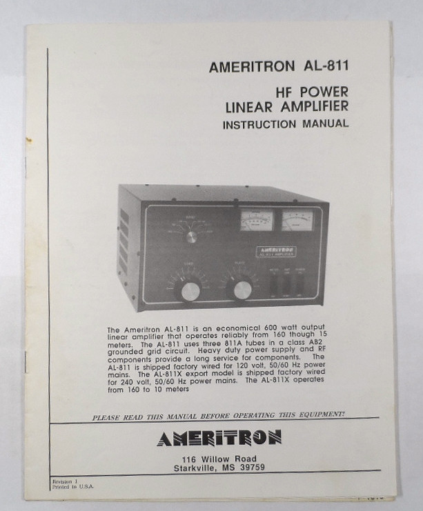 Ameritron AL-811 Linear HF Amplifier Original Instruction Manual