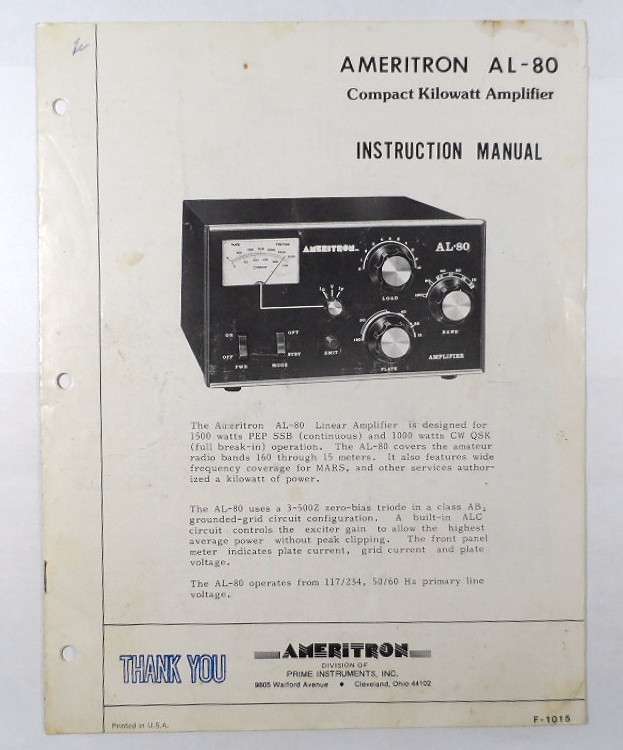 Ameritron AL-80 Compact Kilowatt HF Amplifier Original Instruction Manual