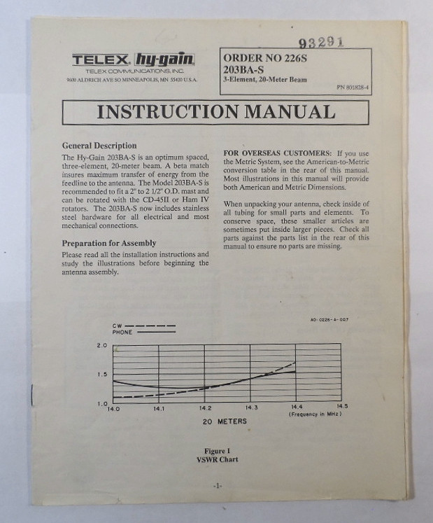Telex Hy-Gain Model 203BA-S Three element 20 Meter Beam Antenna ...