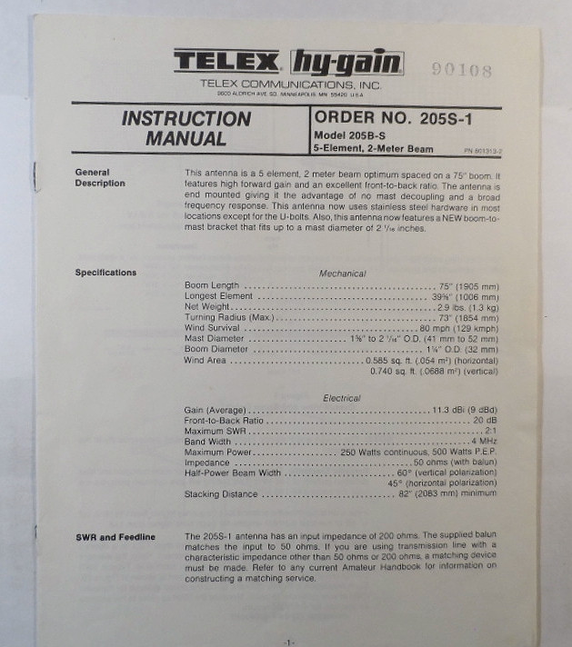 Telex Hy-Gain Model 205B-S Five element 2 Meter Beam Antenna ORIGINAL Manual