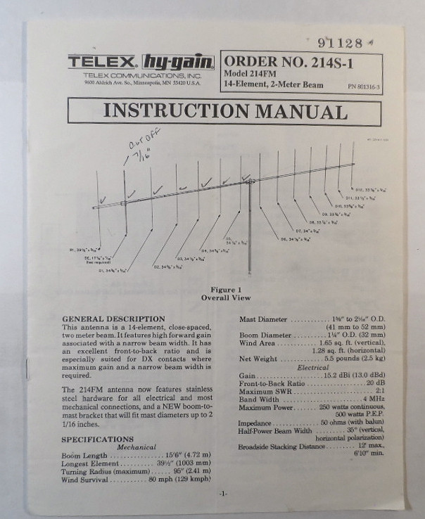Telex Hy-Gain Model 214FM 14 element 2 Meter Beam Antenna ORIGINAL Manual