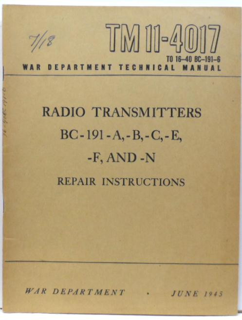 War Department BC-191 A-B-C-E-F & N Original Repair Instructions Manual