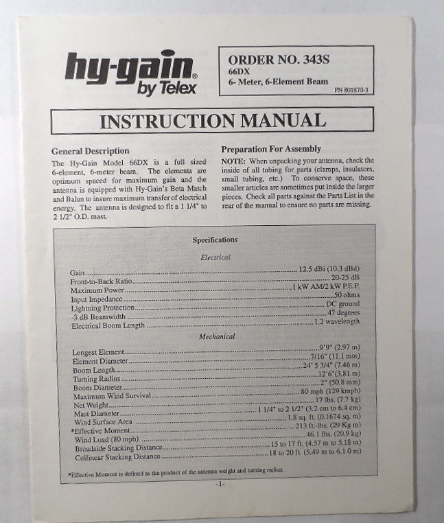Telex Hy-Gain Model 66DX 6 Element Six Meter Beam Antenna ORIGINAL Manual