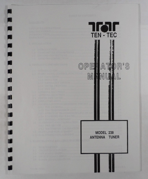 Ten-Tec Model 238, 2KW Antenna Tuner Owner's Manual