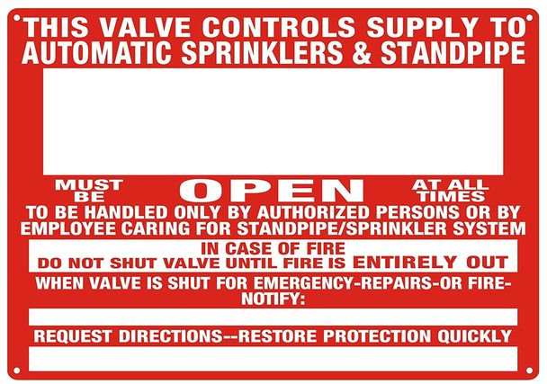 This Valve Control Supply to Automatic Sprinkler and Standpipe Sign