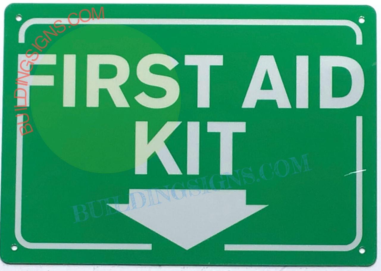 FIRST AID KIT ARROW DOWN SIGN (7X10,GREEN,Aluminum) -ref21022 ...