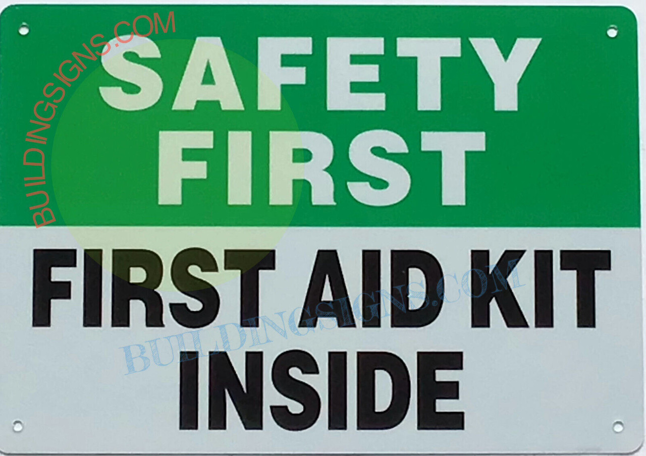 FIRST AID KIT INSIDE SIGN (7X10,White/GREEN, Aluminum) - HPDSIGNS.NYC
