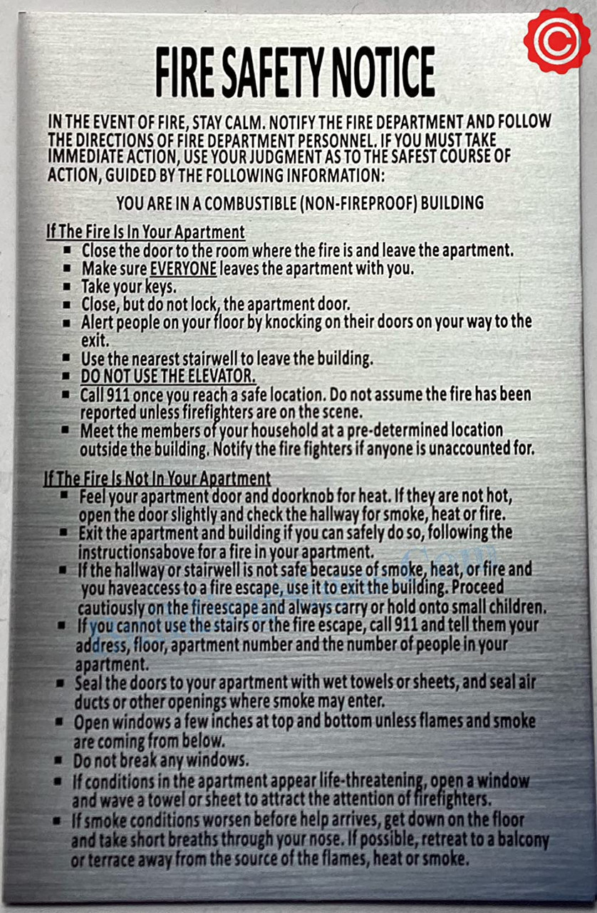 DOOR HPD NYC "FIRE SAFETY NOTICE"-NON FIRE PROOF BUILDING (sILVER ...