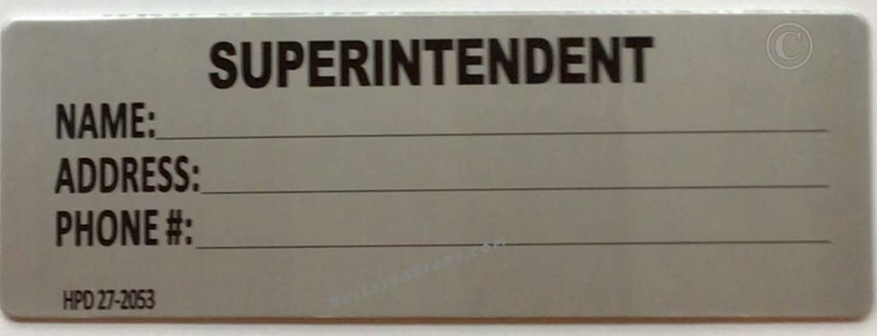 HPD NYC SUPERINTENDENT SIGN (SILVER . 3.5X8.5 INCH,DOUBLE SIDED TAPE ...