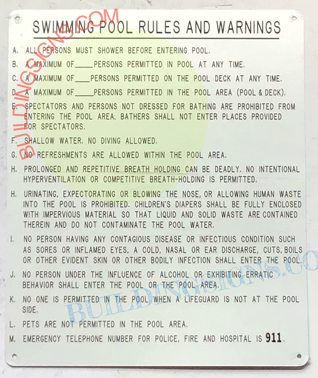 SWIMMING POOL RULES SIGN ( WHITE, Reflective ALUMINUM , 10x12 INCH)