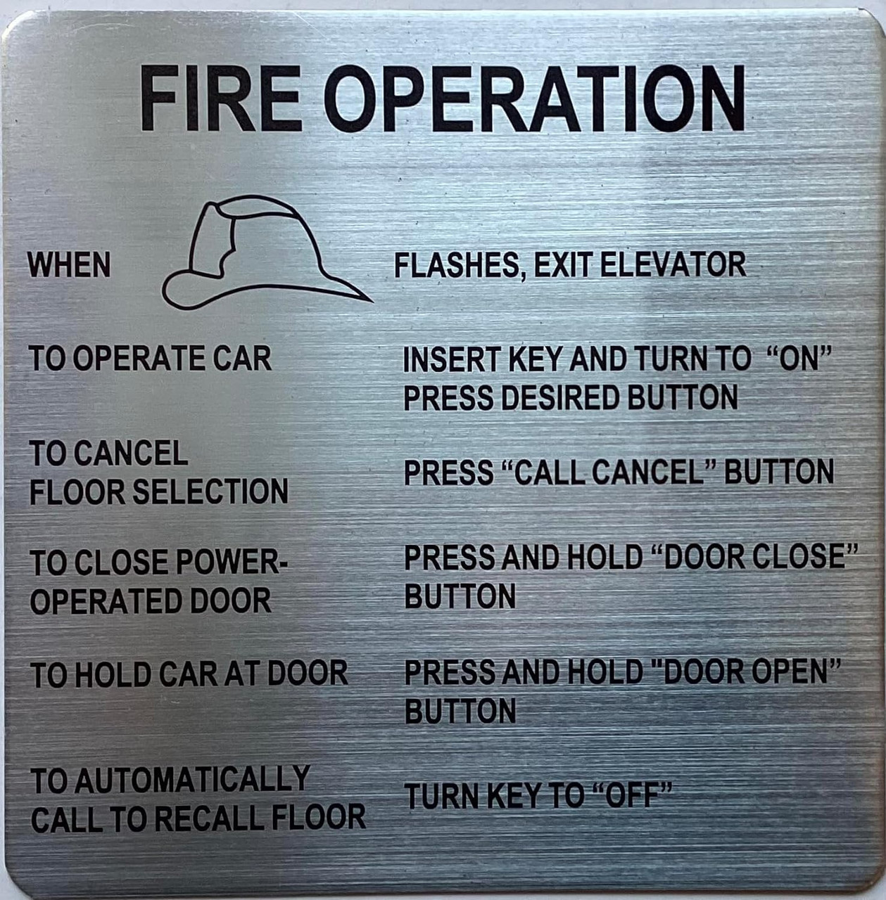 FIRE OPERATION SIGN FOR ELEVATOR (Brush Silver Aluminum, SIZE6X6INCH ...