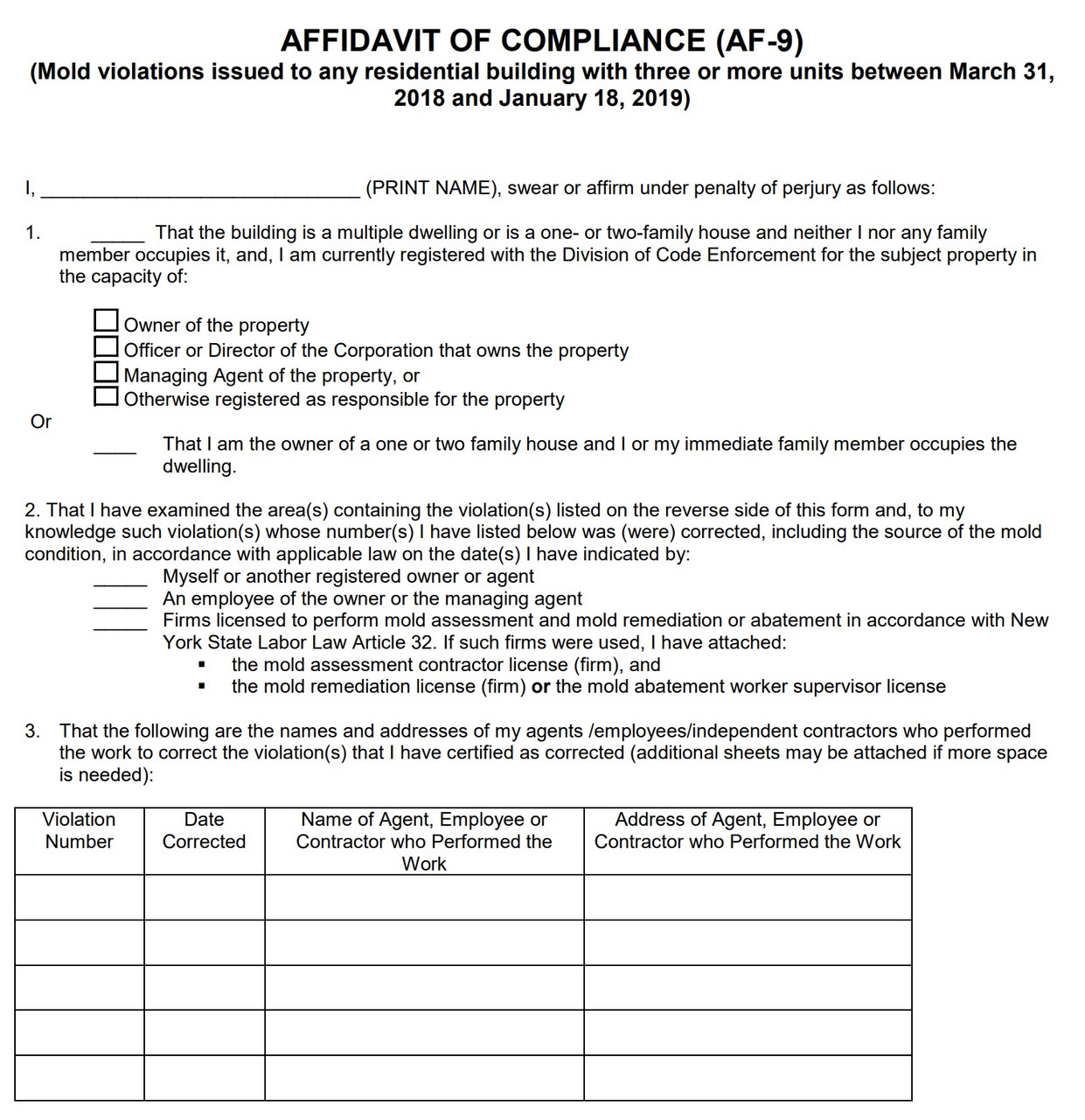 AFFIDAVIT OF COMPLIANCE HPD NYC FORM AF-9 HPD NYC